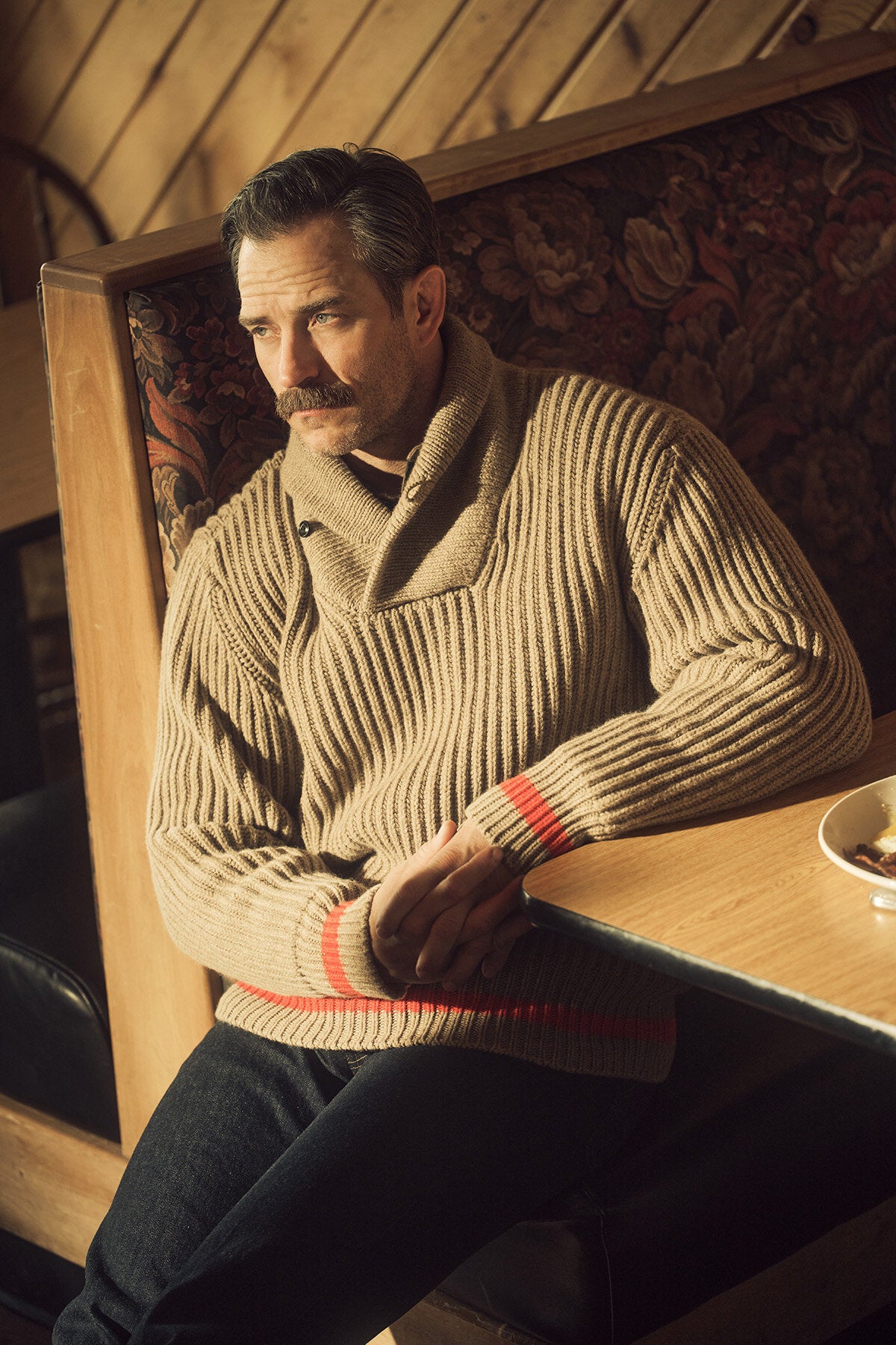 Filson Man Maglione con collo sciallato Bristol Oatmeal heather / flame ...